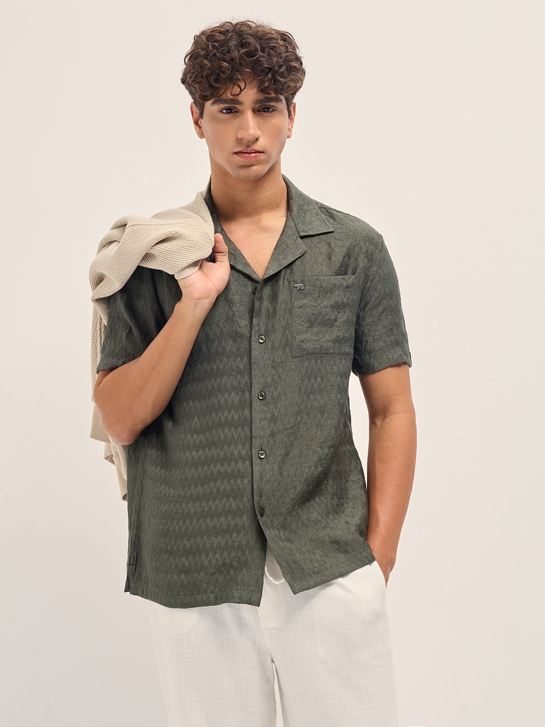 Shop Olive Zigzag Textured Weave Relaxed Fit Half Sleeve Casual Shirt Online. – bearhouseindia