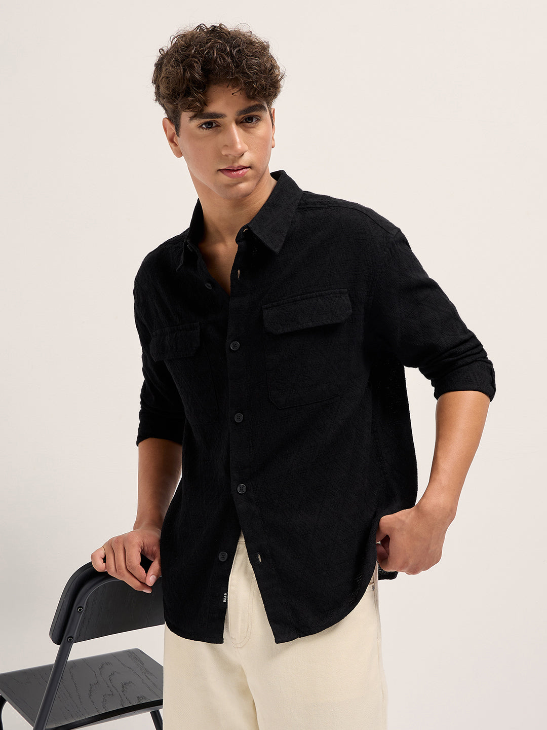 Shop Black Relaxed Fit Overshirt with Geometric Woven Design and Flap Pockets Online ...