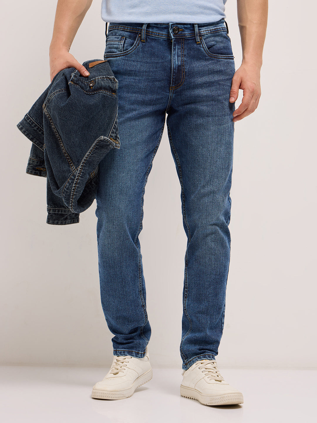 Shop Mid Blue with Light Fade Slim Fit Mid-Rise Jeans Online ...