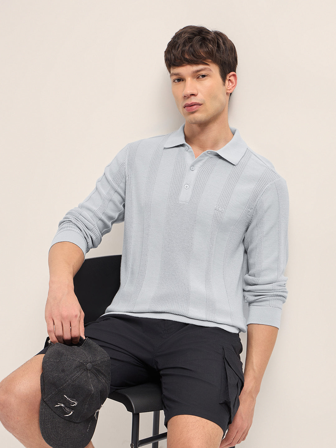 Shop Grey Textured Stripe Knit Regular Fit Polo with Button Placket ...