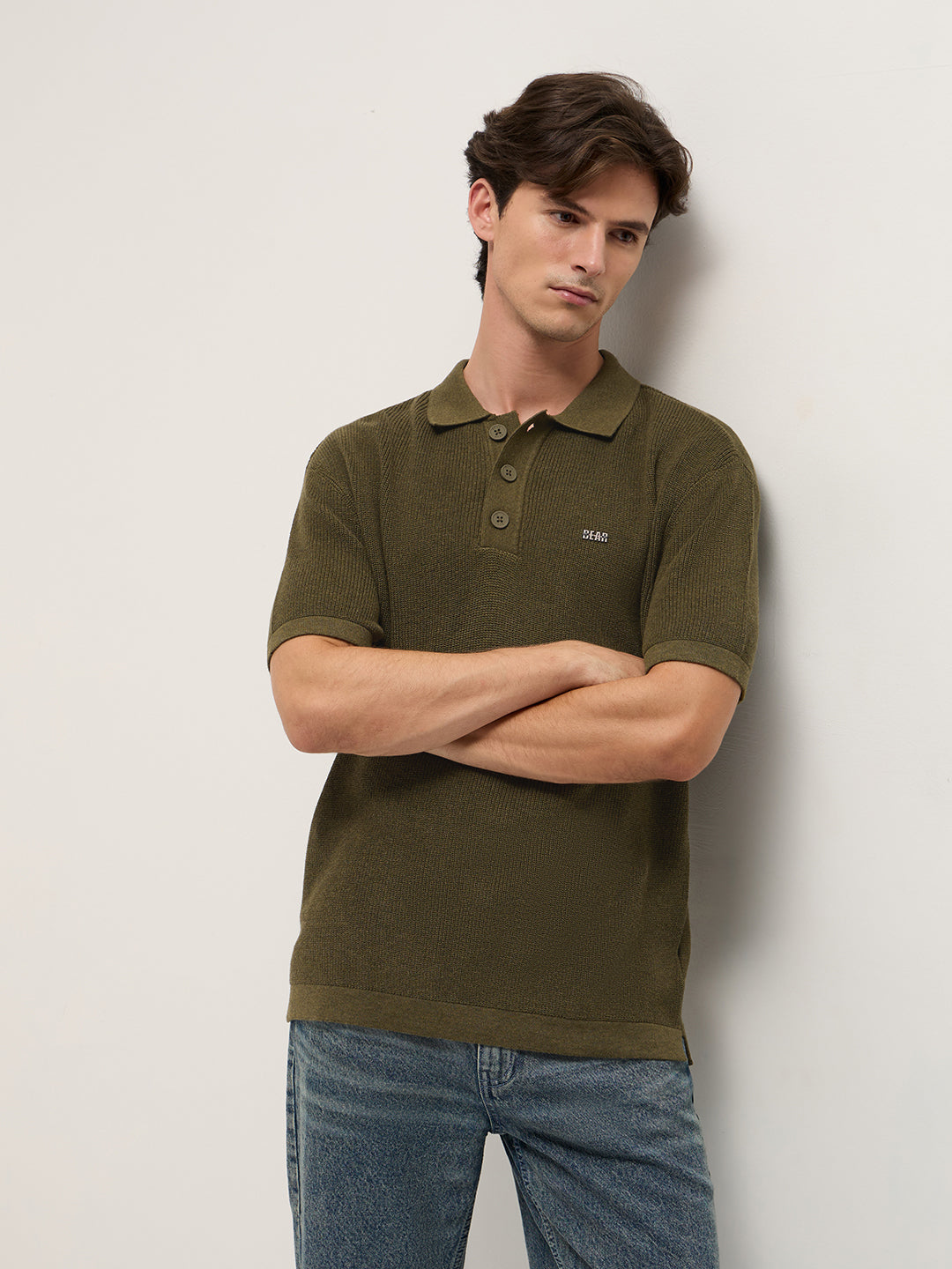 Shop Olive Textured Knit Relaxed Fit Polo with Button Placket Online ...
