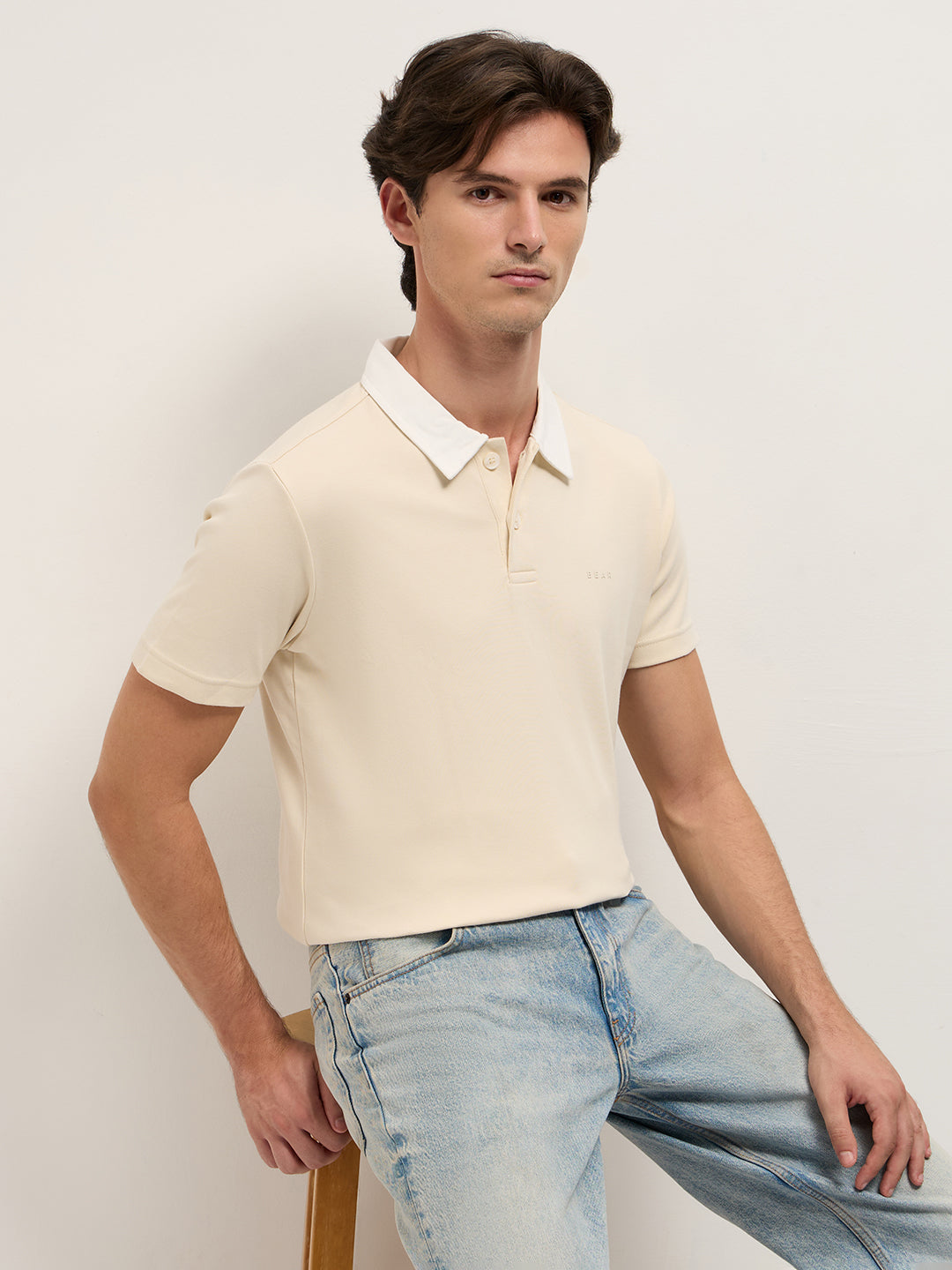 Shop Beige Solid Slim Fit Polo with Contrast Collar Design Online ...