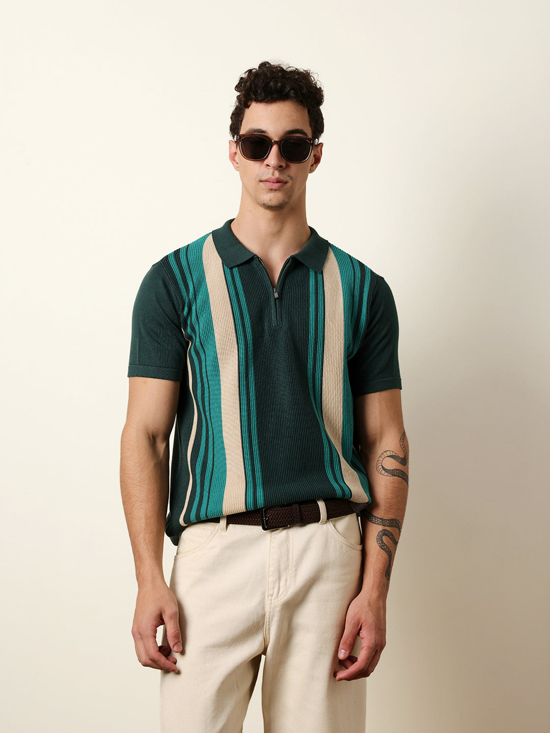 Shop Green & Teal Vertical Striped Textured Knit Polo with Half-Zip ...