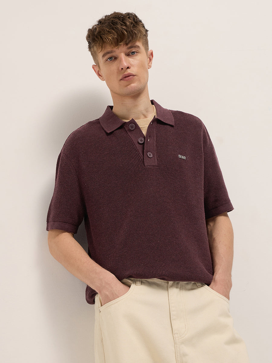 Shop Maroon Textured Knit Relaxed Fit Polo with Button Placket Online ...