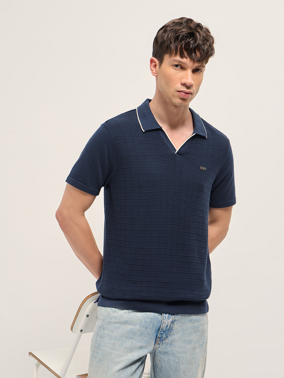 Shop Navy Regular Fit Check Textured Flat Knit Polo with Contrast ...