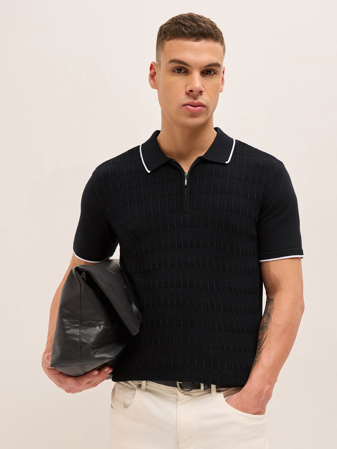 Shop Black Geometric Textured Knit Polo with Zip Placket, Regular Fit ...