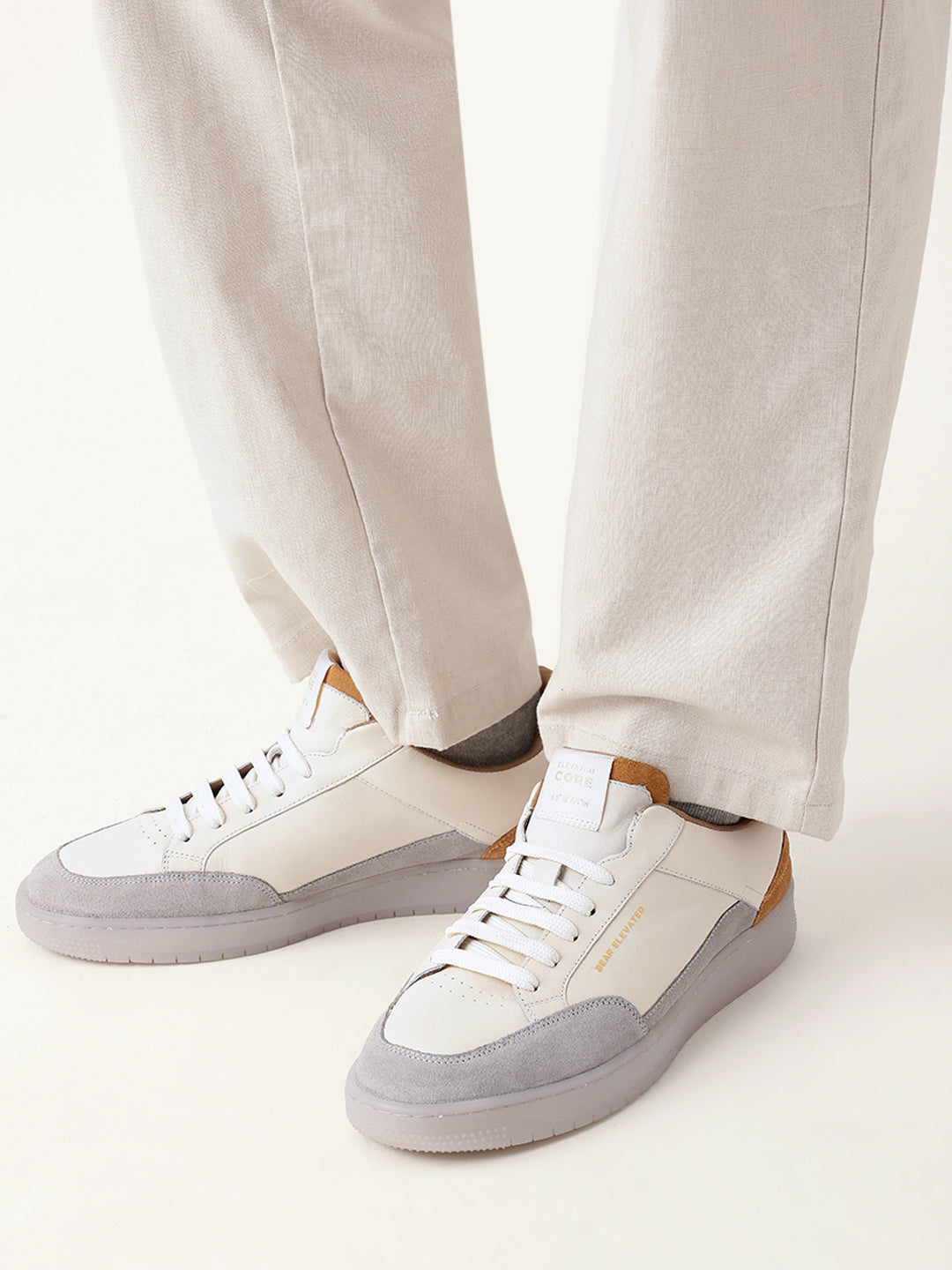 Shop White Leather & Suede Lace-Up Sneakers with TPR Sole Online ...