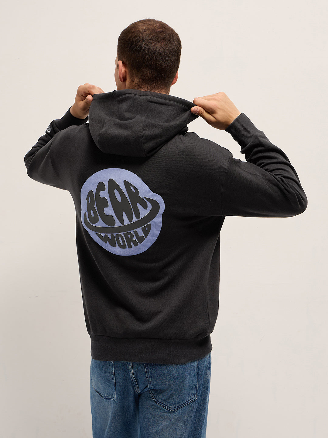 Shop Black Relaxed Fit Hoodie with Circular “BEAR WORLD” Back Print ...