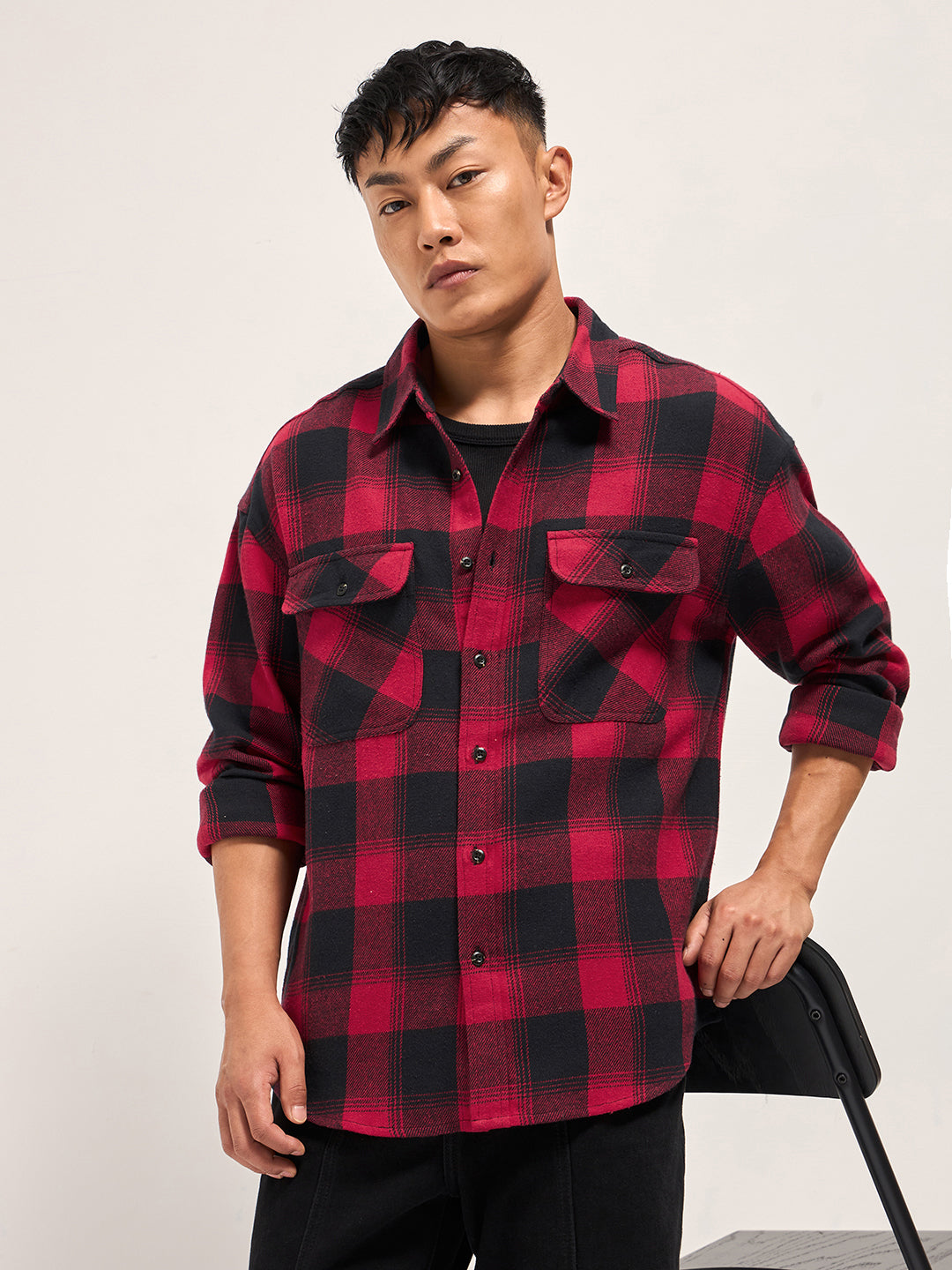 Shop Red & Black Tartan Check Relaxed Fit Shacket Online. – bearhouseindia