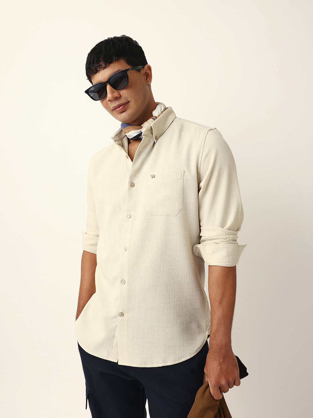 Shop Cream Slub-Textured Woven Slim Fit Casual Shirt Online. Explore ...