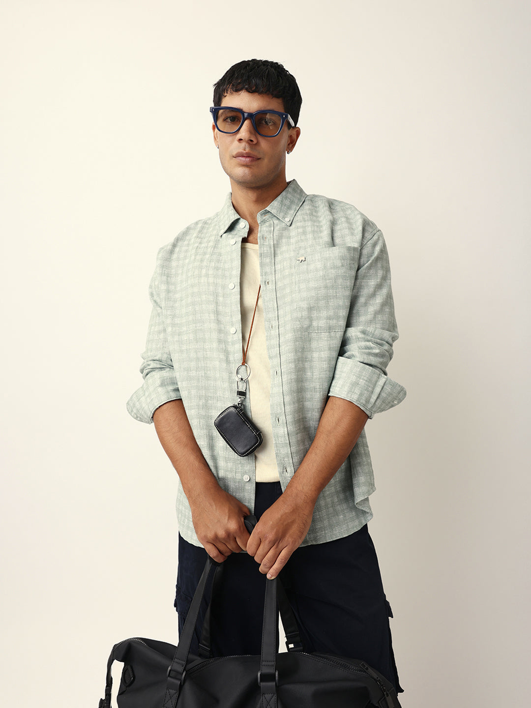 Shop Green Woven Micro Check Textured Relax Fit Overshirt Online ...