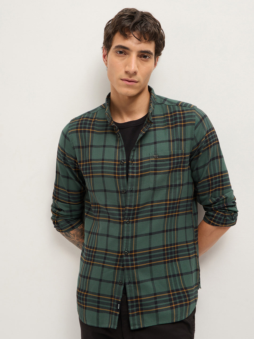 Shop Green Checked Slim Fit Casual Shirt with Button-Down Collar Online ...