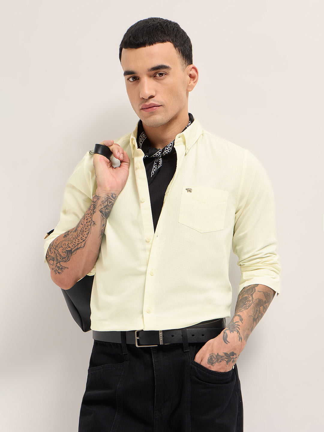 Shop Yellow Solid Slim Fit Casual Shirt with Button-Down Collar Online ...
