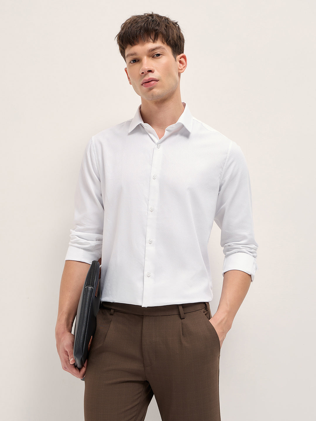 Shop White Woven Design Tailored Fit Formal Shirt Online – bearhouseindia