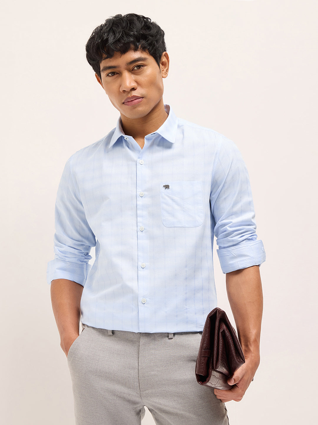 Shop Blue Woven Stripe Tailored Fit Formal Shirt Online – bearhouseindia