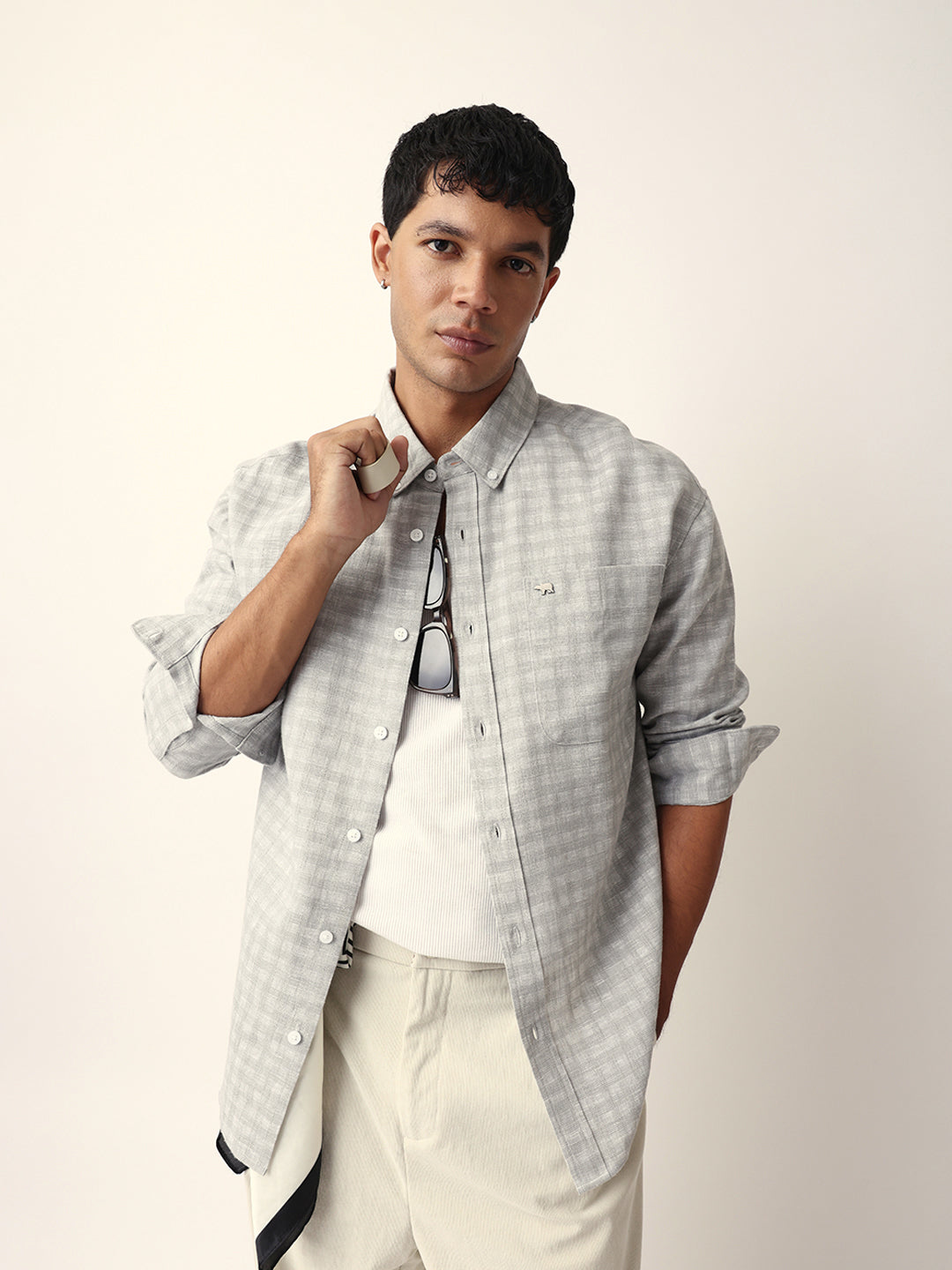 Shop Grey Woven Micro Check Textured Relax Fit Overshirt Online ...