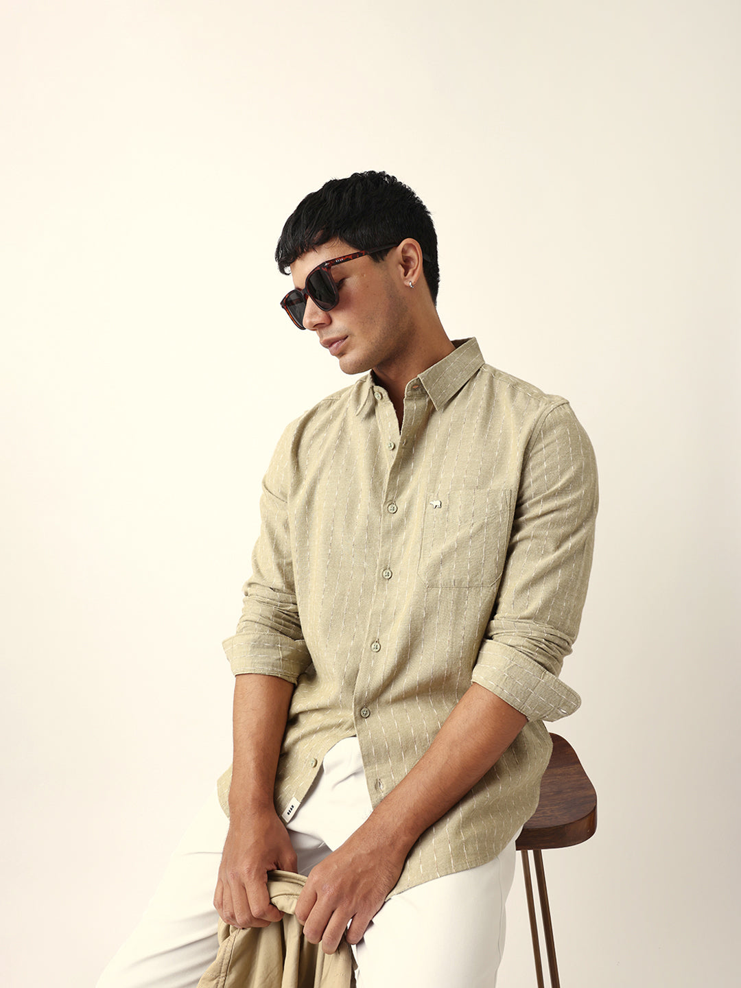 Shop Green Vertical Striped Slim Fit Casual Shirt with Textured Stitch ...