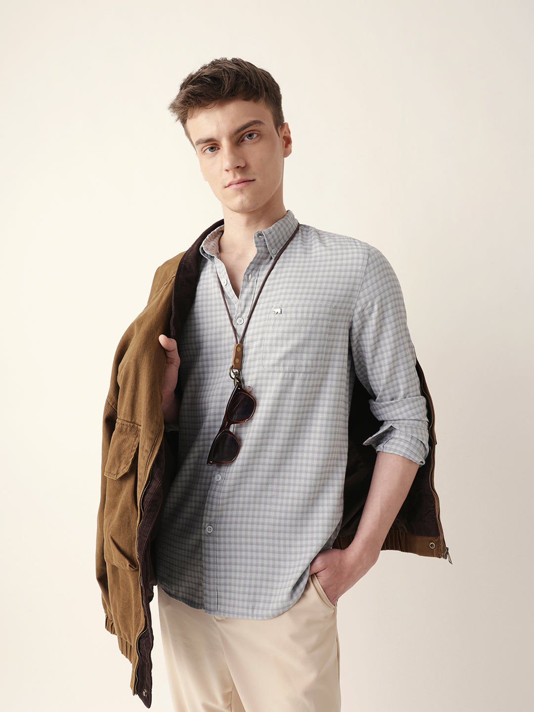 Shop Grey & Light Blue Woven Micro-Checked Slim Fit Casual Shirt Online ...