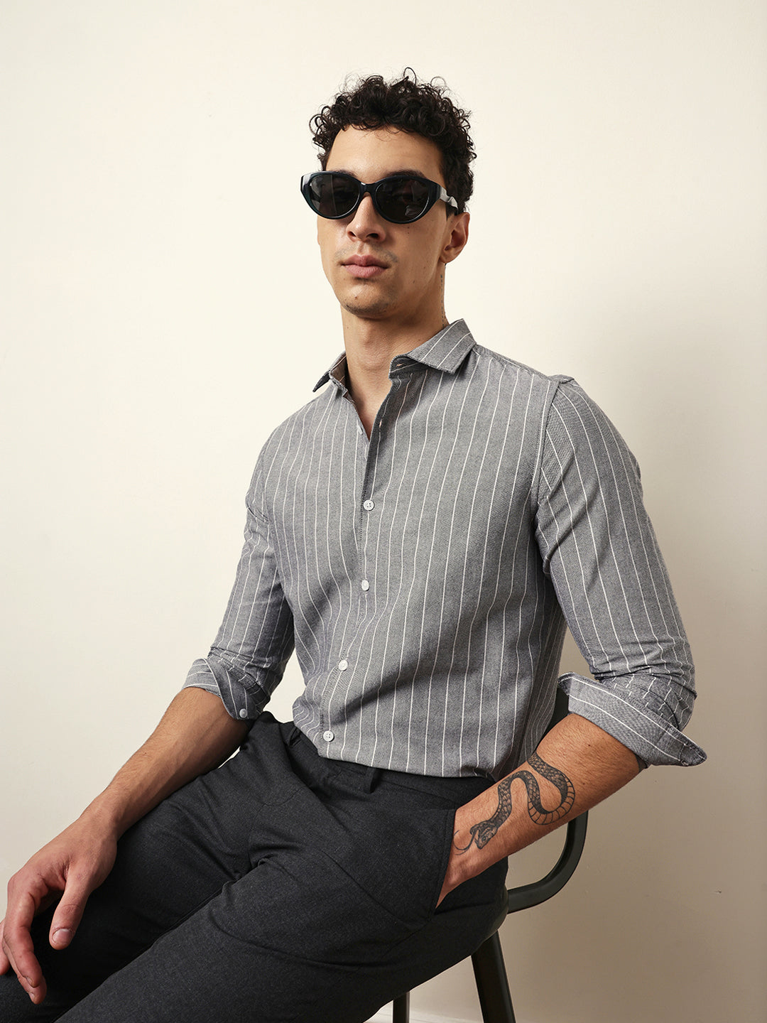 Shop Grey Vertical Woven Stripe Slim Fit Casual Shirt Online ...