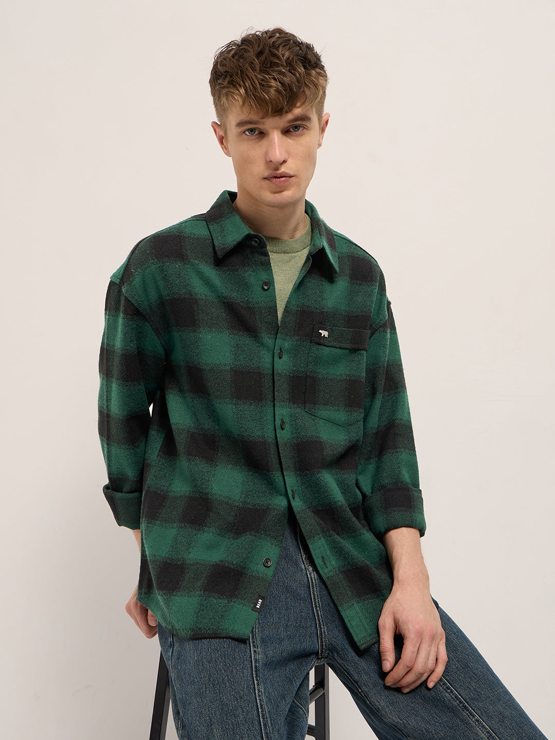 Shop Green & Black Tartan Checked Relaxed Fit Flannel Overshirt Online ...