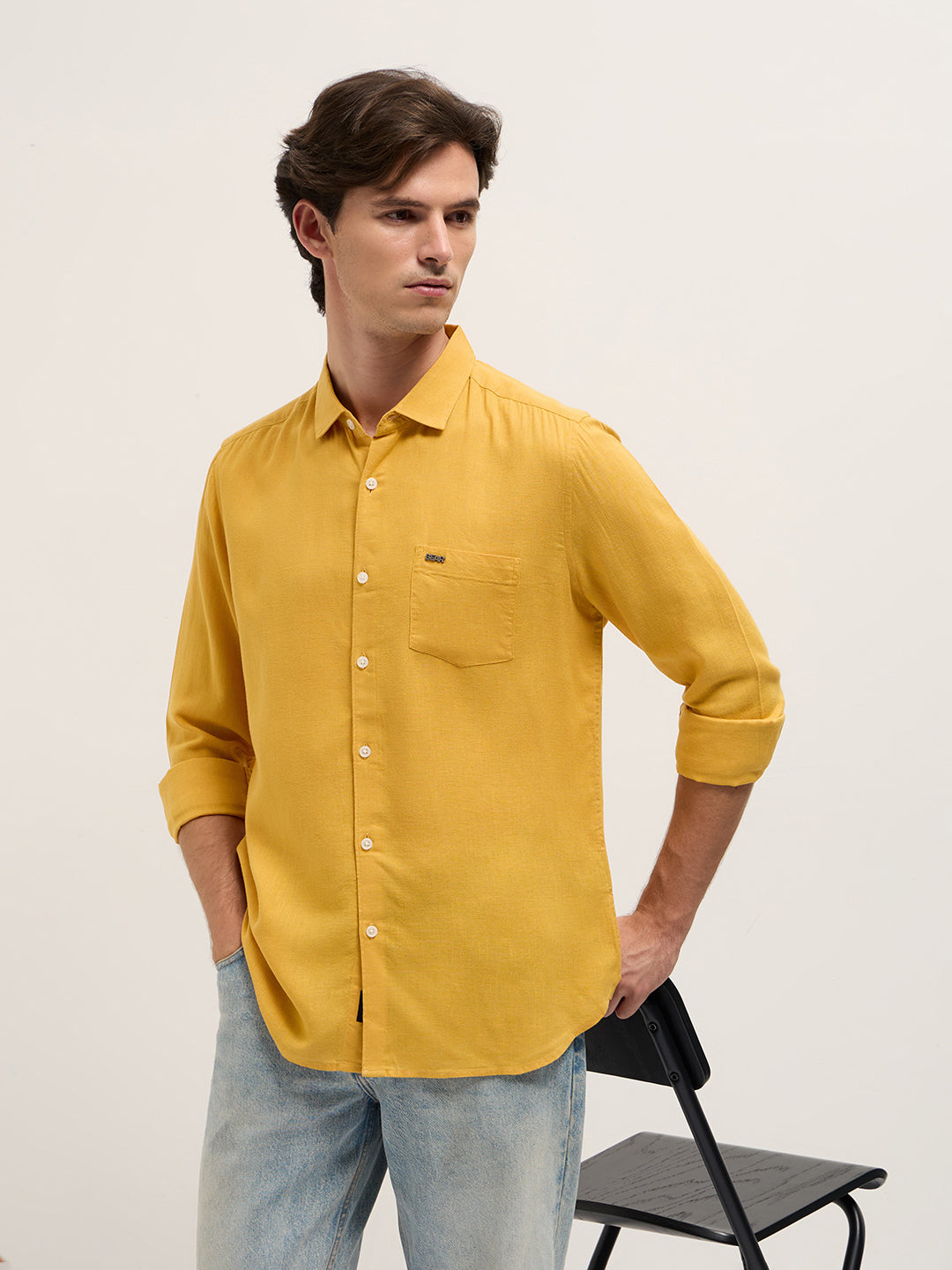 Shop Yellow Solid Lyocell Slim Fit Casual Shirt Online. – bearhouseindia