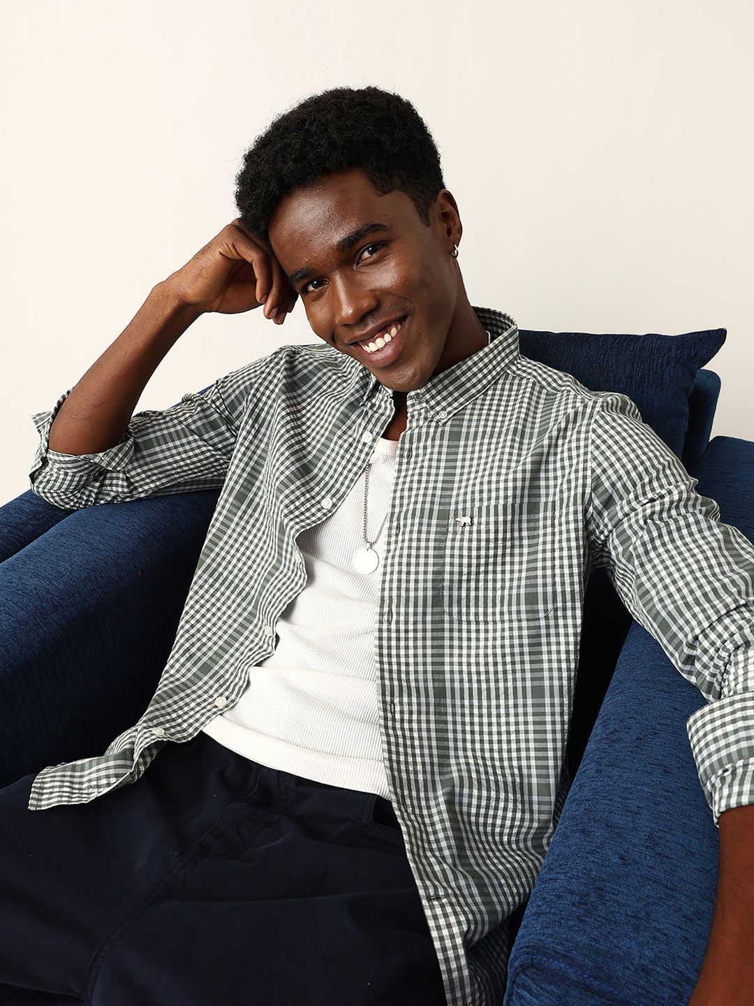 Shop Green & White Woven Micro Checked Slim Fit Casual Shirt Online ...