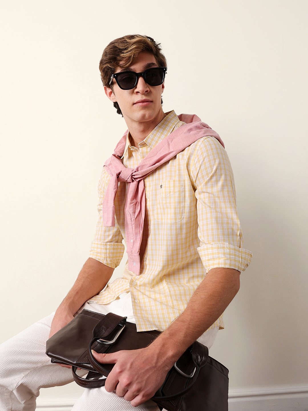 Shop Yellow & White Woven Micro Check Slim Fit Casual Shirt Online ...