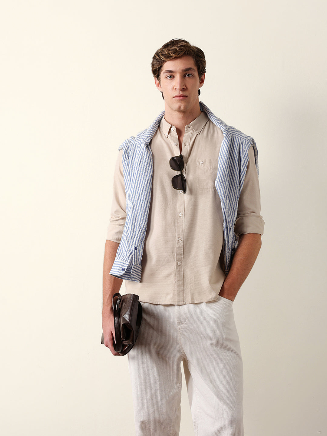 Shop Beige Woven Textured Solid Slim Fit Casual Shirt Online. Explore ...