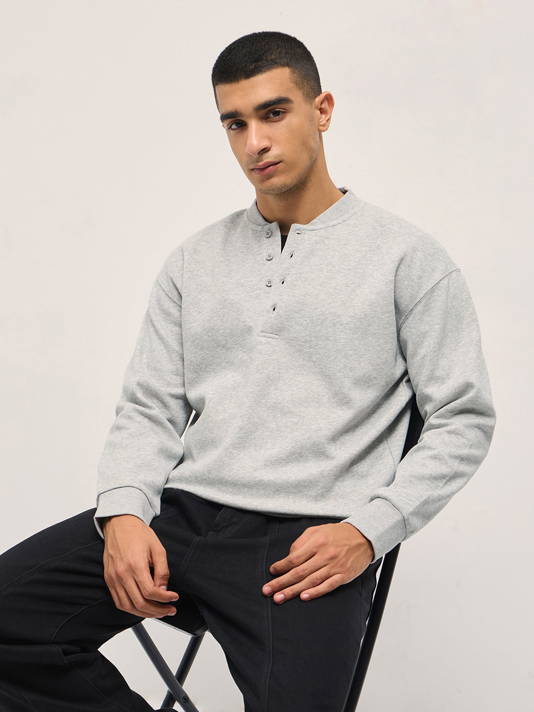 Shop Light Grey Solid Relaxed Fit Henley Neck T-Shirt with Ribbed Hem ...