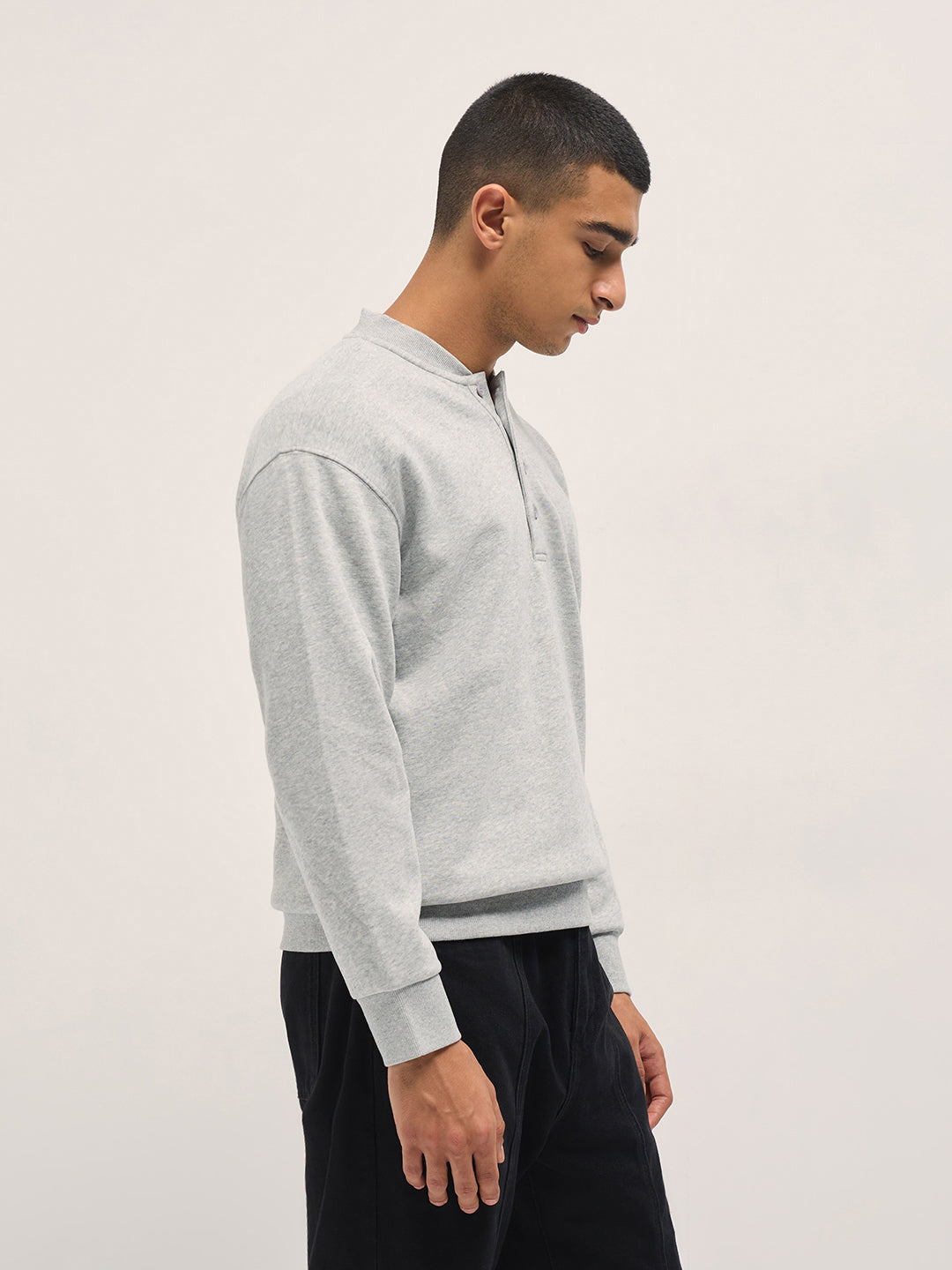 Shop Light Grey Solid Relaxed Fit Henley Neck T-Shirt with Ribbed Hem ...