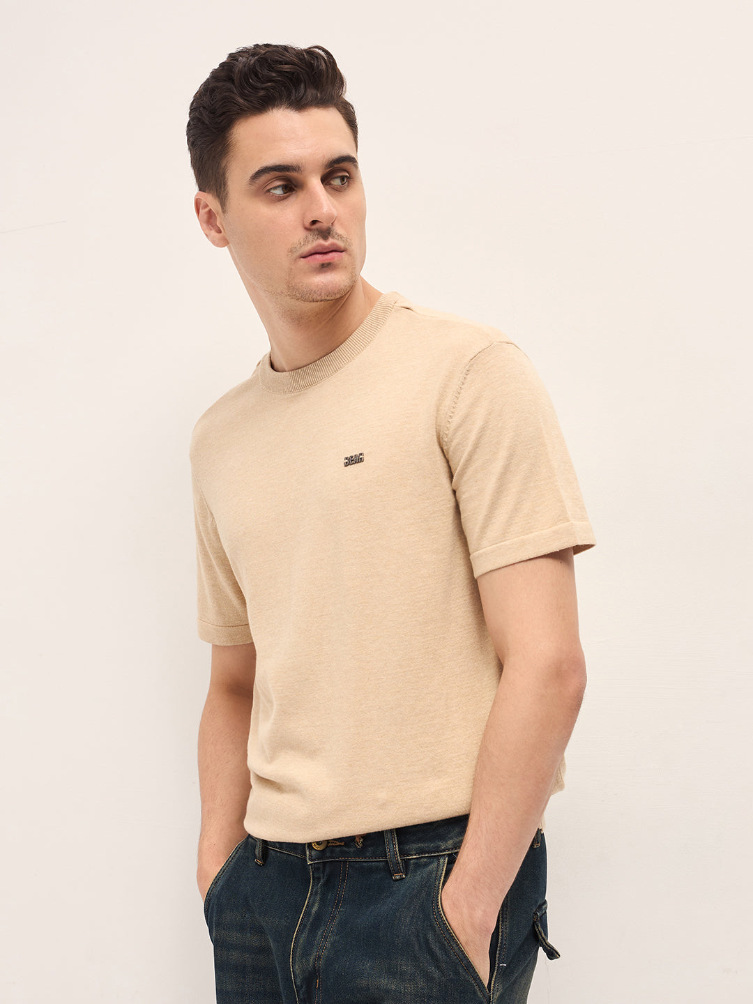 Shop Beige Solid Regular Fit Ribbed Crew Neck T-shirt Online ...