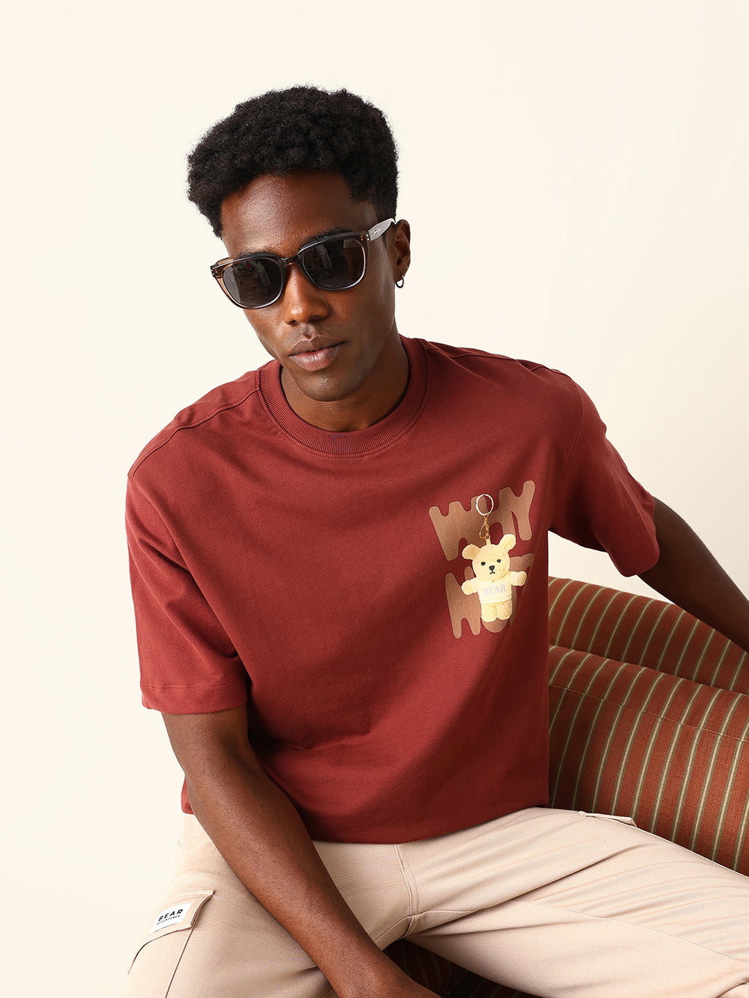 Shop Maroon Oversized Crew Neck T-Shirt with “Why Not” Graphic and 3D ...