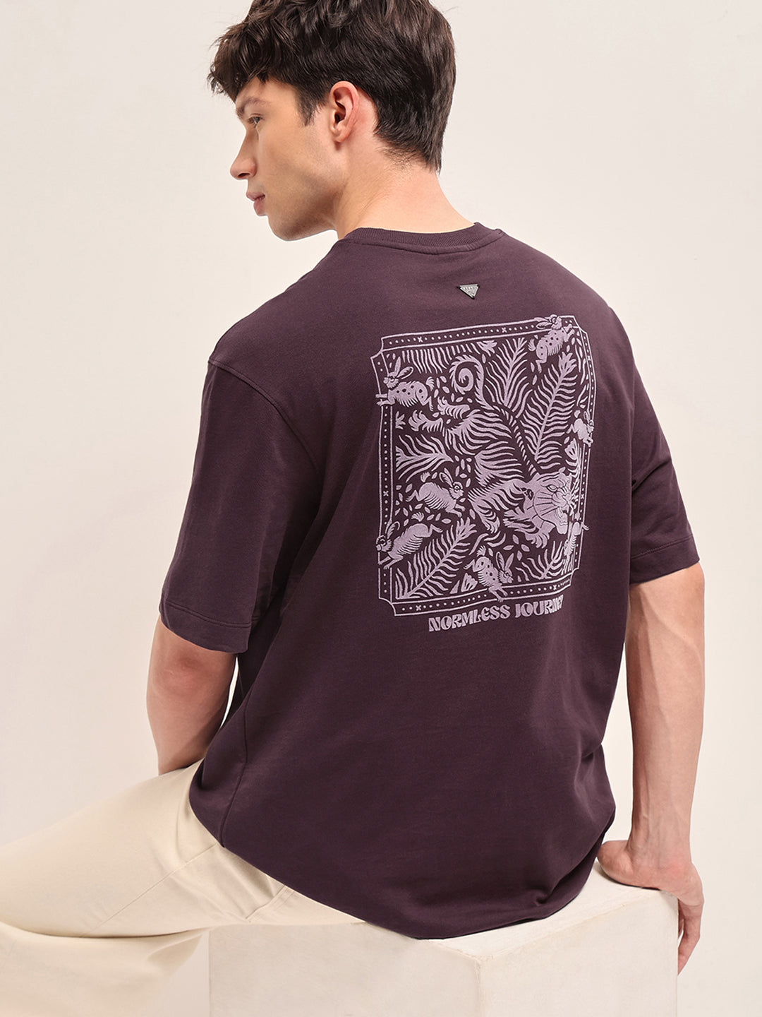 Shop Maroon Oversized Crew Neck T-Shirt with Tiger & Rabbit Foliage ...