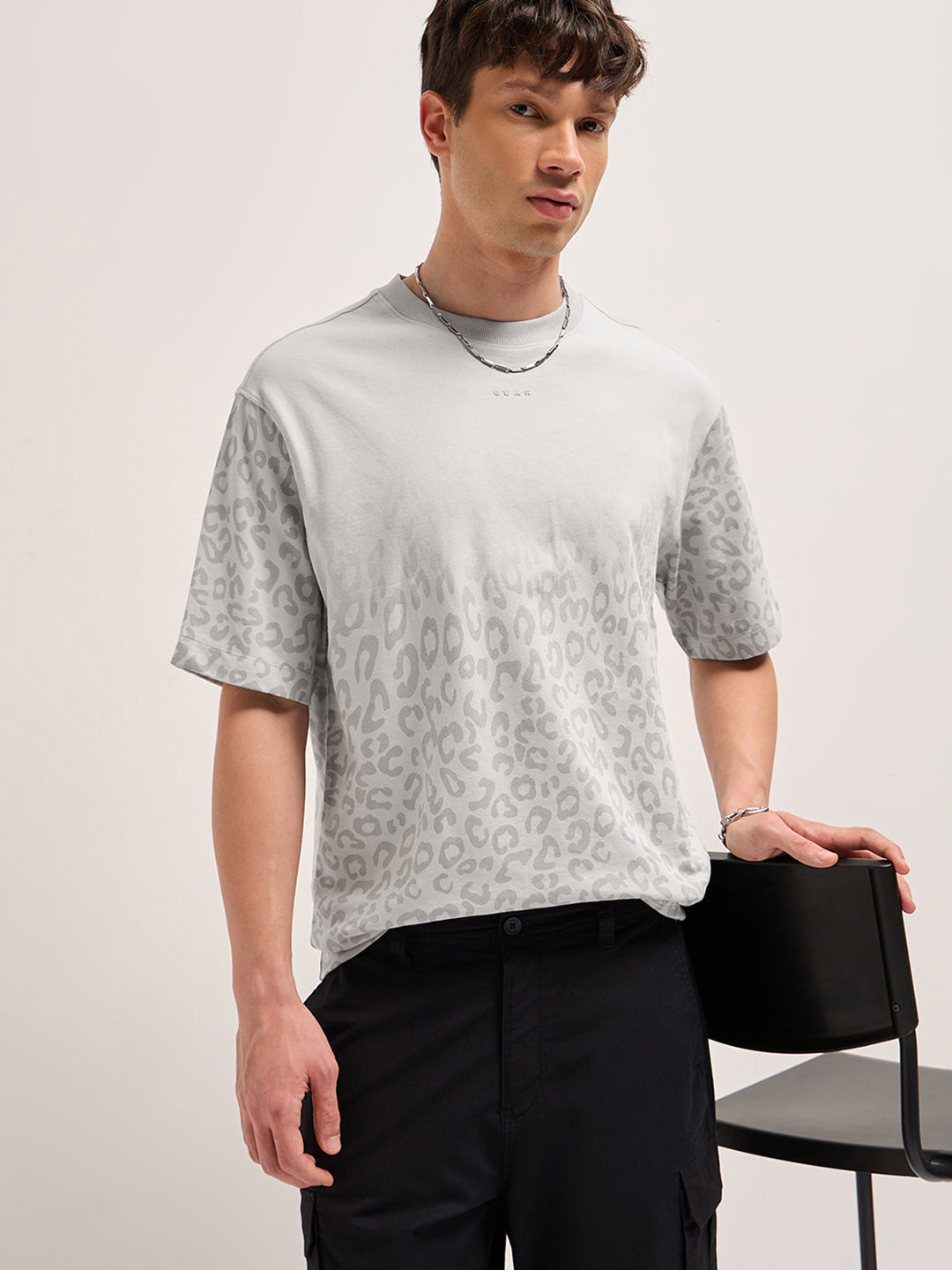 Shop Grey Oversized Crew Neck T-Shirt with Gradient Tonal Leopard Print ...