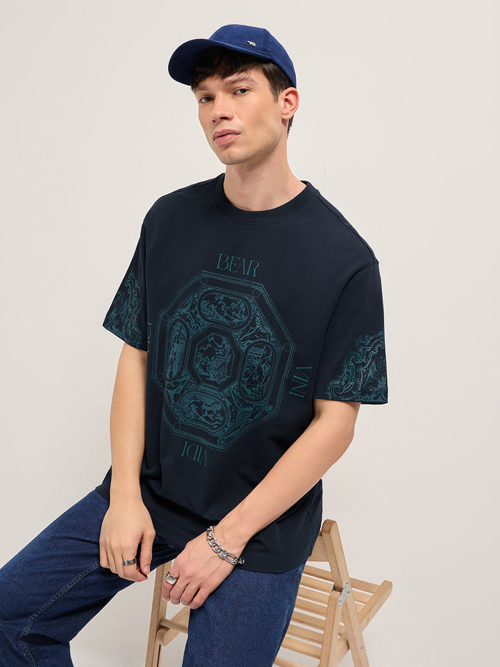 Shop Navy Crew Neck Graphic Print T-Shirt with Octagonal Motif and ...